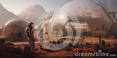 Domed Transparent Habitation Module On The Planet Mars With Astronauts ...