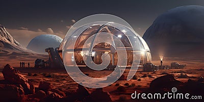 Domed Transparent Habitation Module On The Planet Mars With Astronauts ...