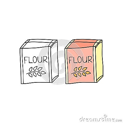 Doodle Outline And Colored Pack Of Flour. Vector Illustration ...