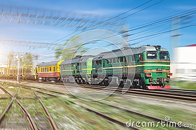 Double Freight Train Green Locomotive And On The Forks Of The Railway ...