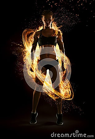 Dramatic Portrait Of Professional Bodybuilder. Fire And Energy. Stock ...