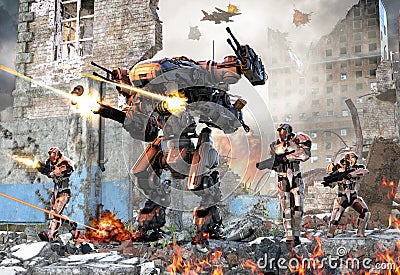 Dramatic Scene Of Futuristic Warfare, Armored Soldiers Fighting With A ...