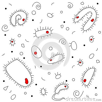 Drawing Of Bacteria Under A Microscope In Black, White, Red Colors ...