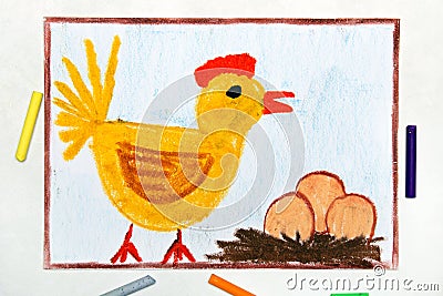 Drawing: Brooding Hen And Three Eggs In A Nest Stock Photo ...