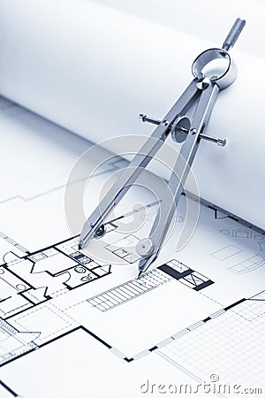 Drawing Compass On Blueprint Floor Plans Stock Image - Image: 11184371