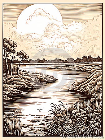 A Drawing Of A River With Grass And Trees, Everglades National Park ...