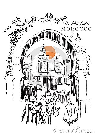 Drawing Sketch Illustration Of The Blue Gate In Fez, Morocco ...