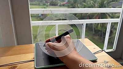 Drawing on Tablet Pov. Digital Art Process. Digital Nomad Working at ...