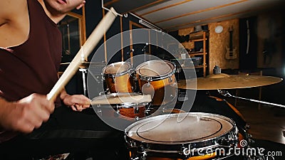 Drummer Passionately Plays Music on Wet Drums in Studio Stock Footage ...