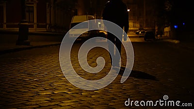 Drunk Man is Walking by the Night Cobbled Street and Drinking Beer Form ...