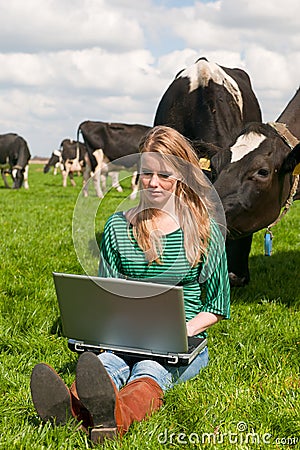 Dutch Girl With Laptop In Field With Cows Stock Image | CartoonDealer ...