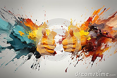 Dynamic Artwork Of Two Hands With Thumbs Up In Splattered Paint Stock ...