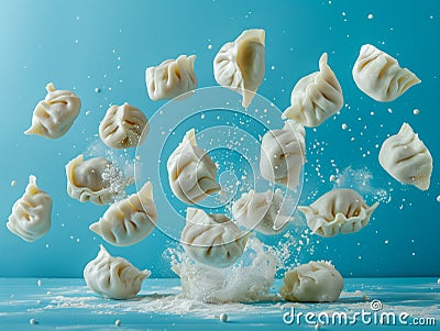 Dynamic Capture Of Flying Dumplings With Flour Explosion On Vibrant ...