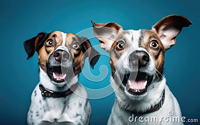 Dynamic And Exaggerated: Two Dogs Pose In Front Of Blue Background For ...