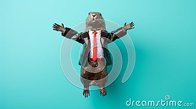 Dynamic Pose: Sculpture Of A Beaver In A Suit On Turquoise Background ...