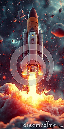 A Dynamic Rocket Launch Against A Cosmic Background Of Clouds And Stars. Royalty-Free Stock ...