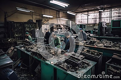 E-waste Recycling Plant, With Workers Disassembling And Sorting ...