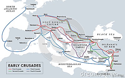 Early Crusades, Gray History Map Of The First Crusades To Holy Land ...