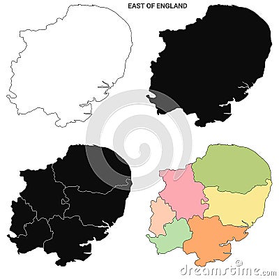 East Anglia Map, East Of England Administrative Map Set - Blank Outline ...