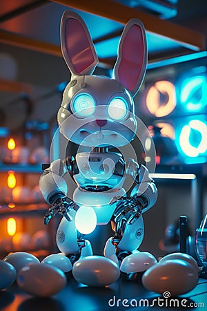 Easter Bunny As A Robot Distributing Glowing Eggs In A High Tech ...