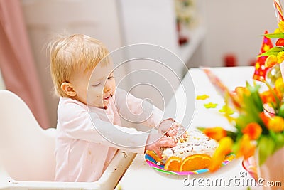 Eat Smeared Baby Touched Birthday Cake By Hands Stock Photo ...