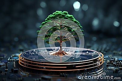 Eco-friendly Tech Fusion Tree On Circuit Ball, Abstract Blue Backdrop ...