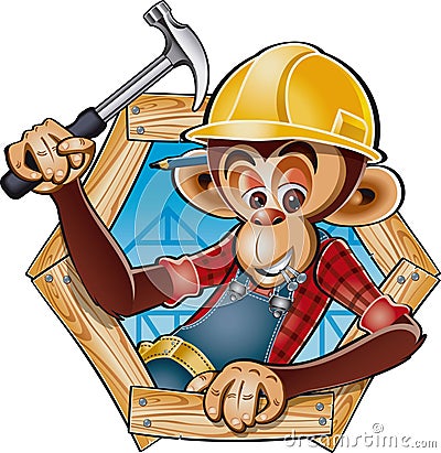 Construction Monkey With Safety Helmet, Hammer And Nails Cartoon Vector ...