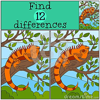 Educational Game: Find Differences. Cute Iguana Sits On The Tree Vector ...