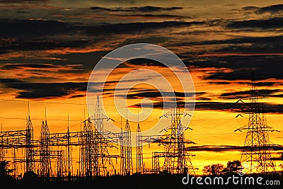 Electric Grid Power Station In Nice Orange Sky Backlit Background ...