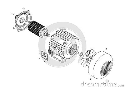 Electric Motor, Exploded View 3D Rendering In Black And White Isolated ...