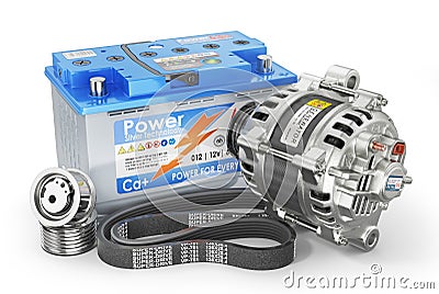 Electrical Car Devices. Car Alternator, Car Battery And Belt Isolated ...