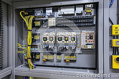 Electrical Control Panel With Wiring And Circuit Breakers In Cabinet ...