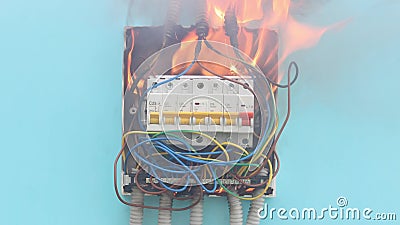 Electrical Fire after Short Circuit in Faulty Electrical Wiring. Stock ...