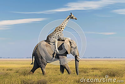 Elephant Carrying Giraffe On His Back, AI Generated Royalty-Free Stock ...