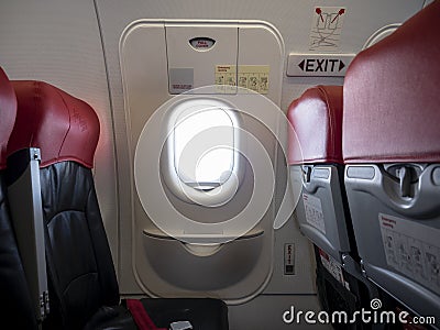 Emergency Exit Window In Aircraft Cabin. Long Leg Room Seat. Premium ...