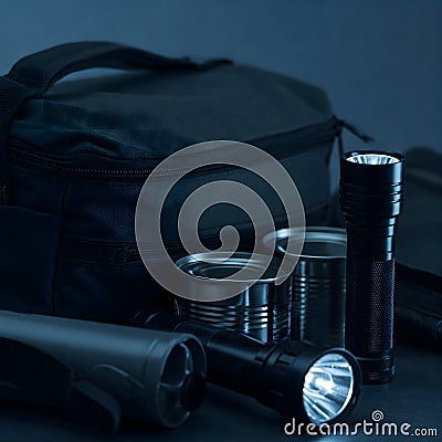 Emergency Kit With Flashlights, Canned Goods, And A Black Bag On A Dark ...
