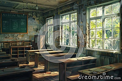 Empty Classroom Is Showing Neglect With Broken Windows Stock Photo ...