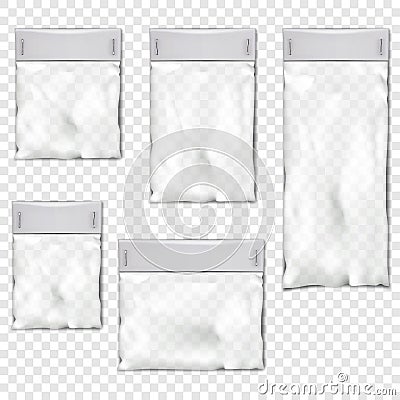 Empty Clear Plastic Pouch Bag With White Blank Paper Top On Staples Set ...