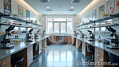 Empty Science Lab With Microscopes And Educational Posters On The Walls ...