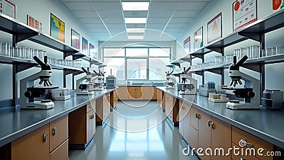 Empty Science Lab With Microscopes And Educational Posters On The Walls ...