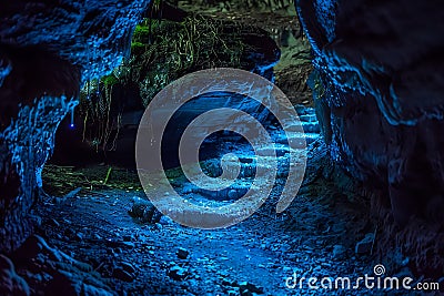 Enchanted Cave Pathway Glowing Blue Stones, Mysterious Steps Royalty ...