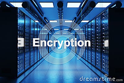 Encryption Logo In Large Modern Data Center With Multiple Rows Of ...