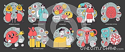 Endocrine System Organs And Disease Night Or Dark Mode Set. Cartoon ...