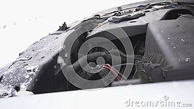 Engine Compartment of the Car in the Winter, it is Snowing, Car ...
