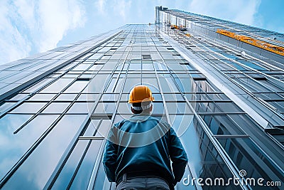 An Engineer In A Hard Hat Inspects The Facade Of A High-rise Building ...
