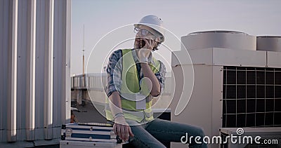 Engineer Having Phone Call on a Cell Tower Stock Video - Video of ...