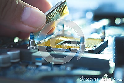 Engineer Technician Plug In Computer CPU Microprocessor To Motherboard ...