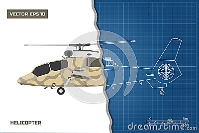 Engineering Blueprint Of Military Helicopter. Helicopters View: Top ...