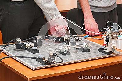 Engineers Connect Wires Control Panel With Small Test Bench For ...