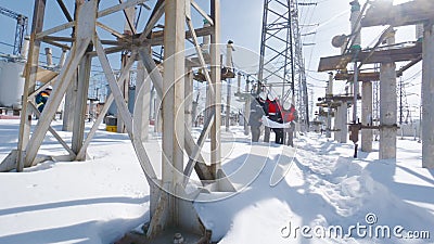 Engineers at Electrical Substation in Winter. Action Stock Video ...